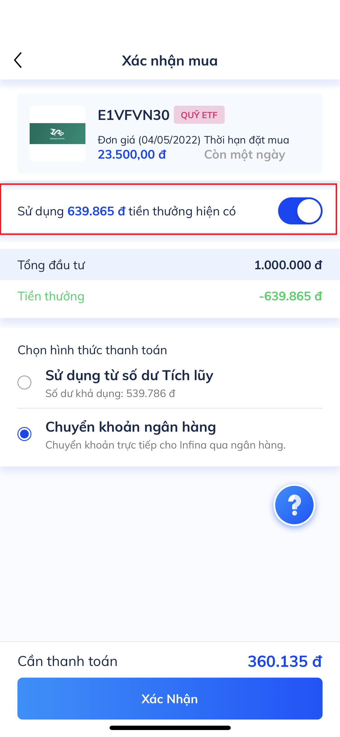 Hướng dẫn sử dụng tiền thưởng để đầu tư các sản phẩm của app Infina